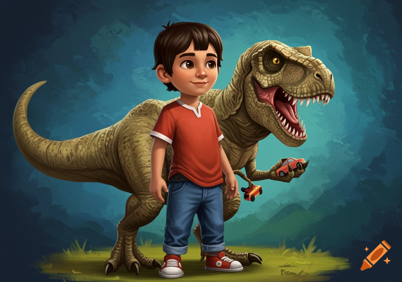 A young boy holding toy cars stands next to a Tyrannosaurus Rex. on Craiyon