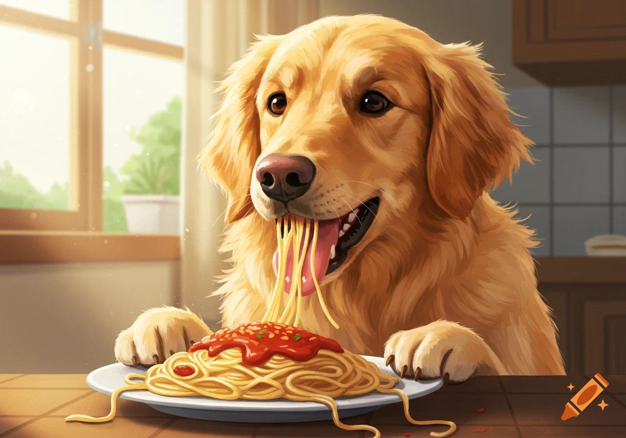 A golden retriever dog eating a plate of spaghetti. on Craiyon