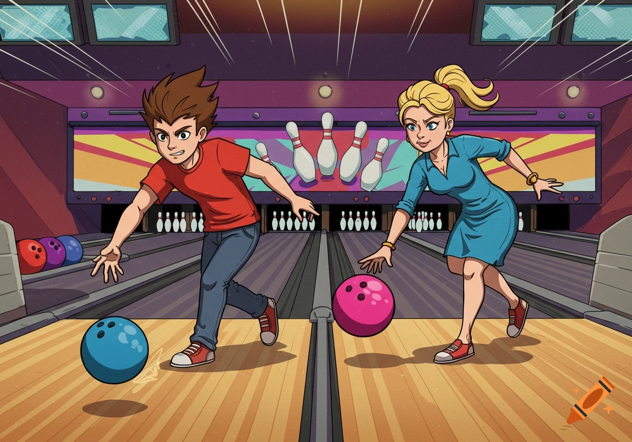 Cartoon people bowling in an alley on Craiyon