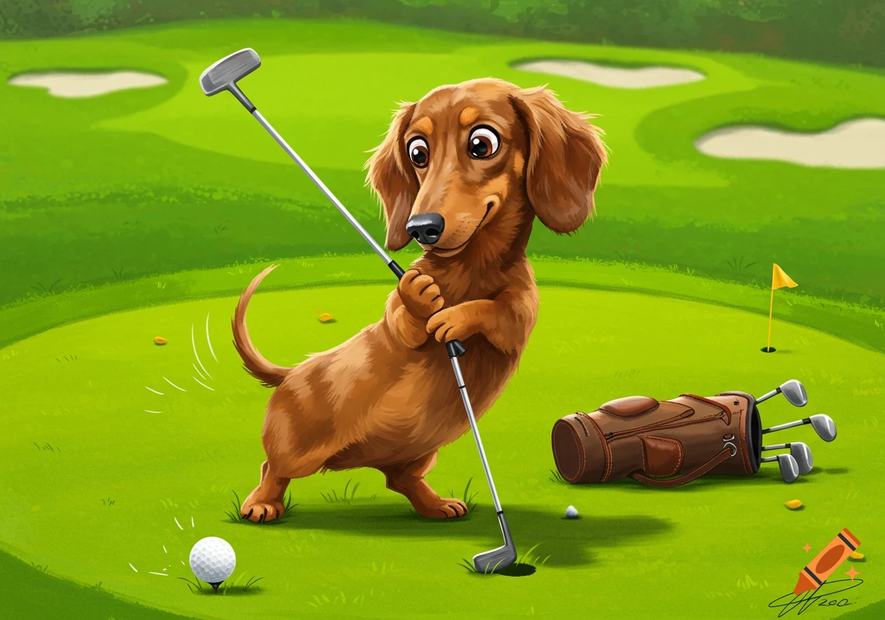 A cute cartoon dachshund dog stands on a golf course holding a golf ...