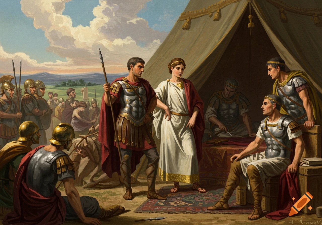 Scene from Act IV of Julius Caesar, with the Triumvirs and Brutus discussing strategy and ...