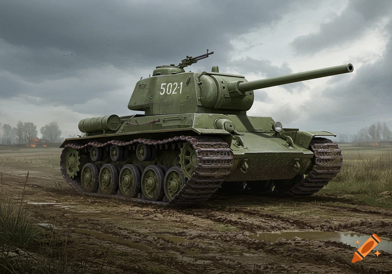 A green Soviet KV-1 heavy tank on a muddy track under a cloudy sky. on Craiyon