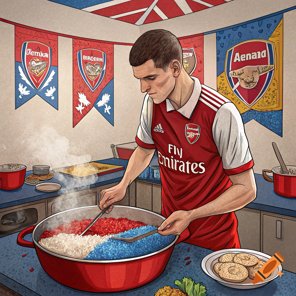 Arsenal TIFO of Declan Rice cooking rice on Craiyon