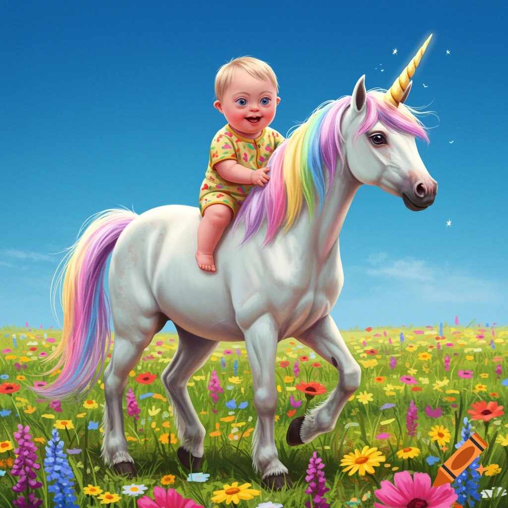 A baby riding a unicorn through a field of wildflowers on Craiyon