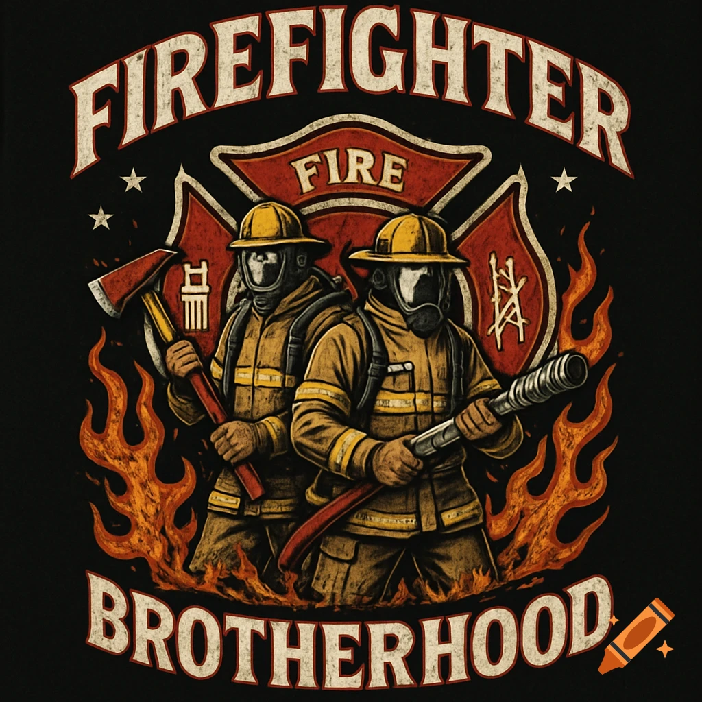 Stylized graphic design of two firefighters with gear and flames, with ...