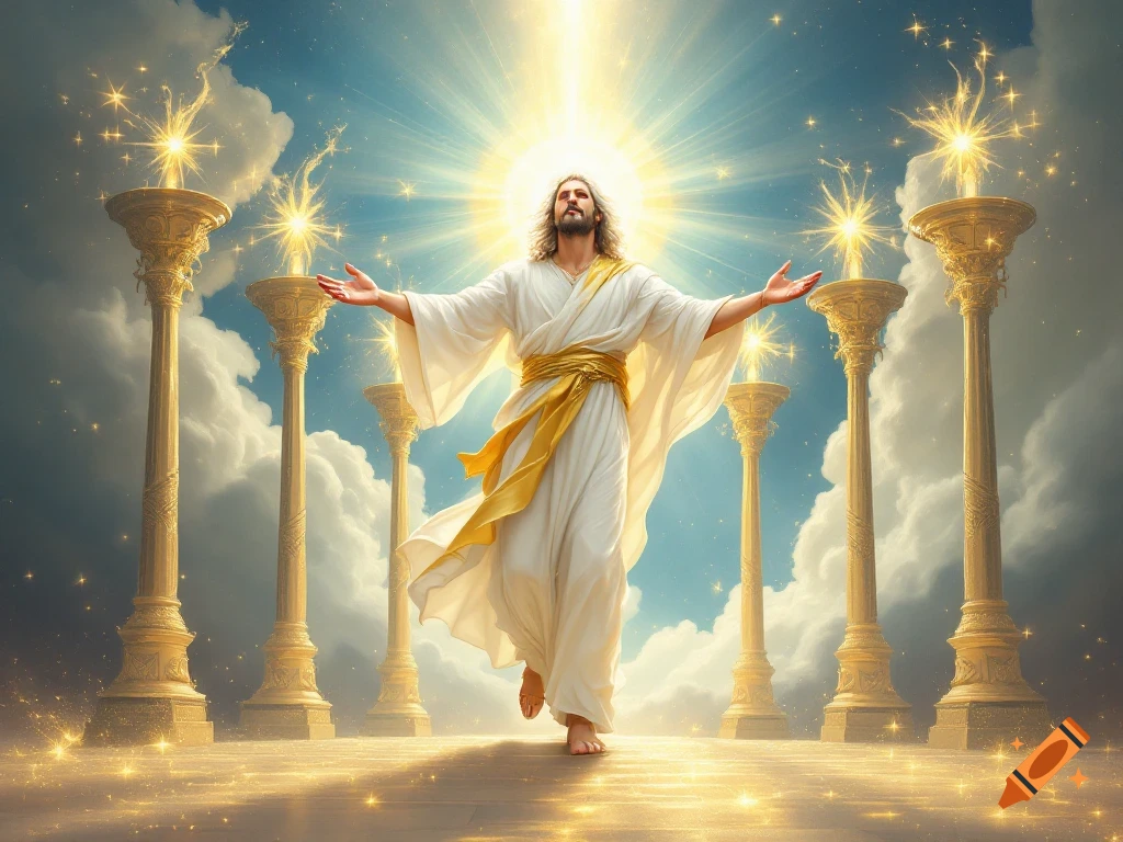 A radiant divine figure with white hair holds a glowing sword amidst ...