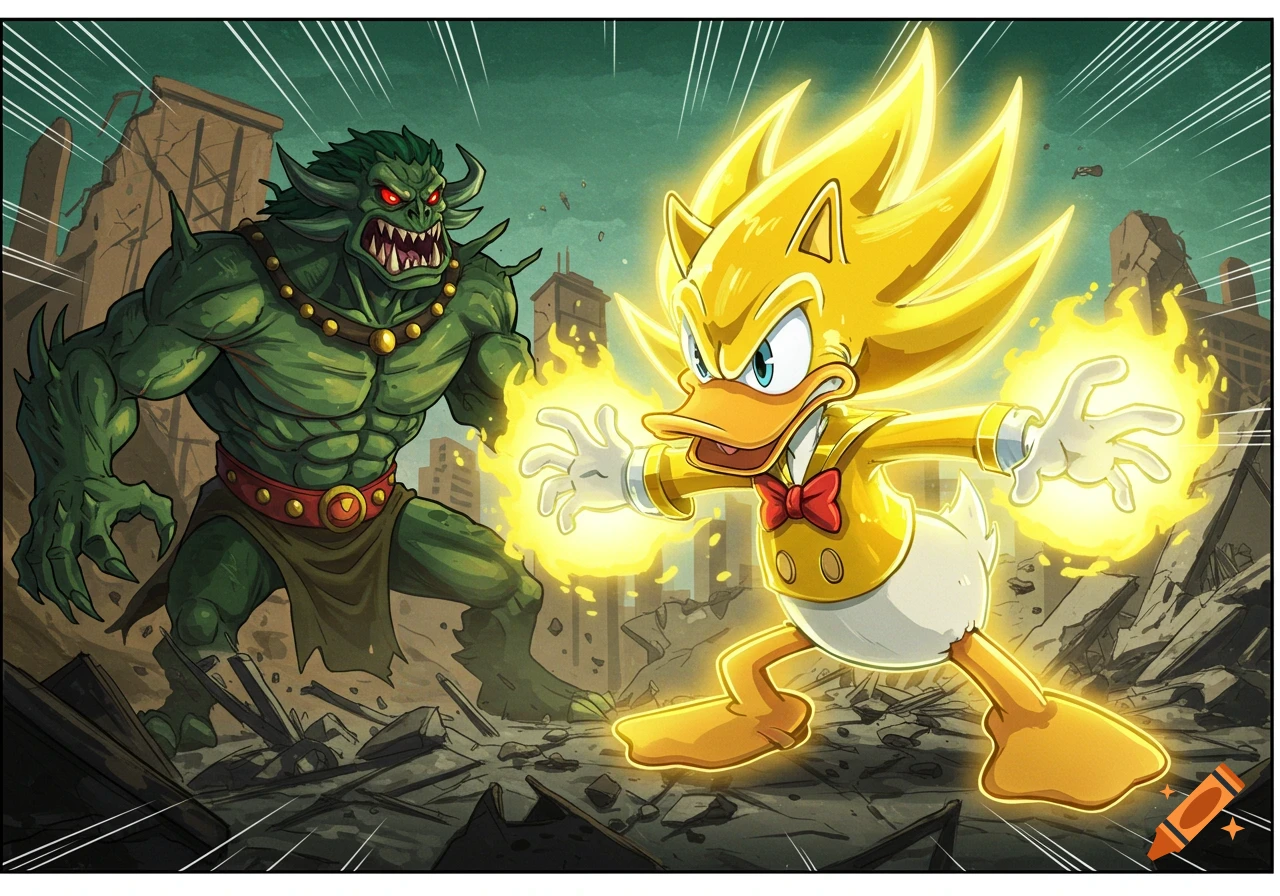 Super Sonic Donald Duck fighting a green monster in a ruined city. on ...