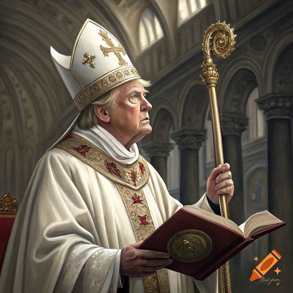Painting of Donald Trump dressed as the Pope, holding a book and staff ...