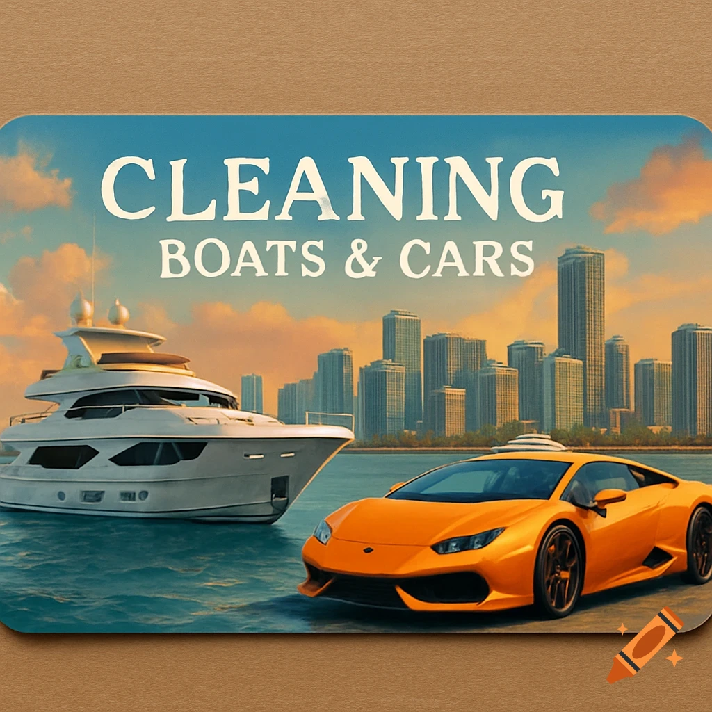 Cleaning business card with yachts, Lamborghinis, and Miami view on Craiyon