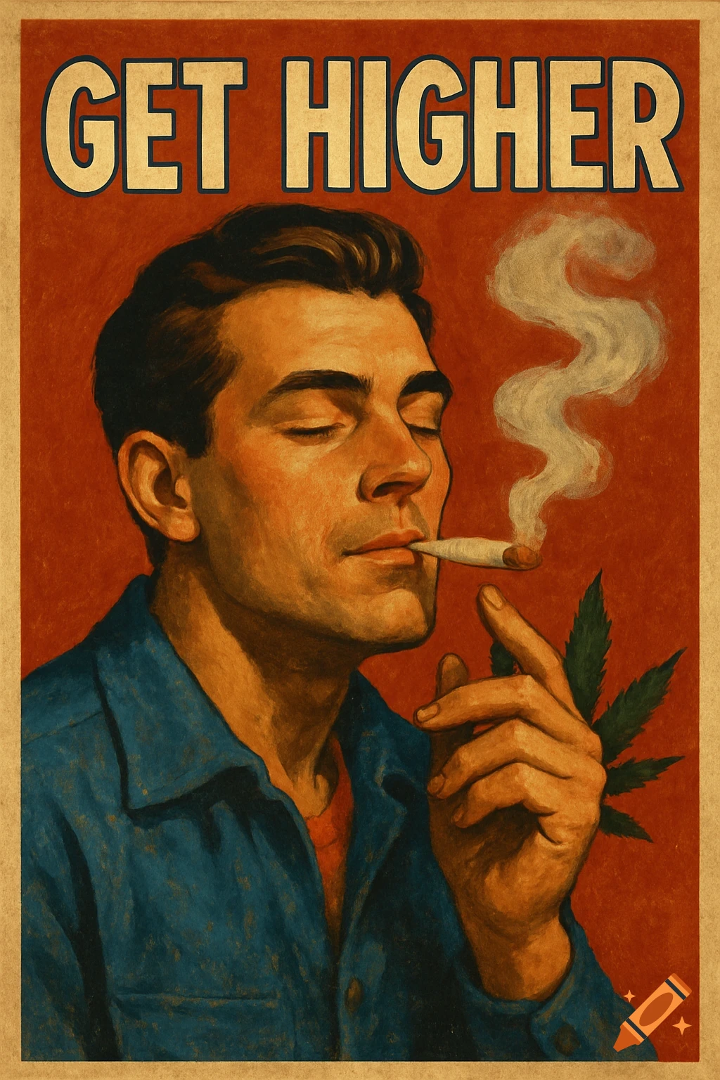 Retro style poster of a man smoking marijuana with text 'GET HIGHER' on ...