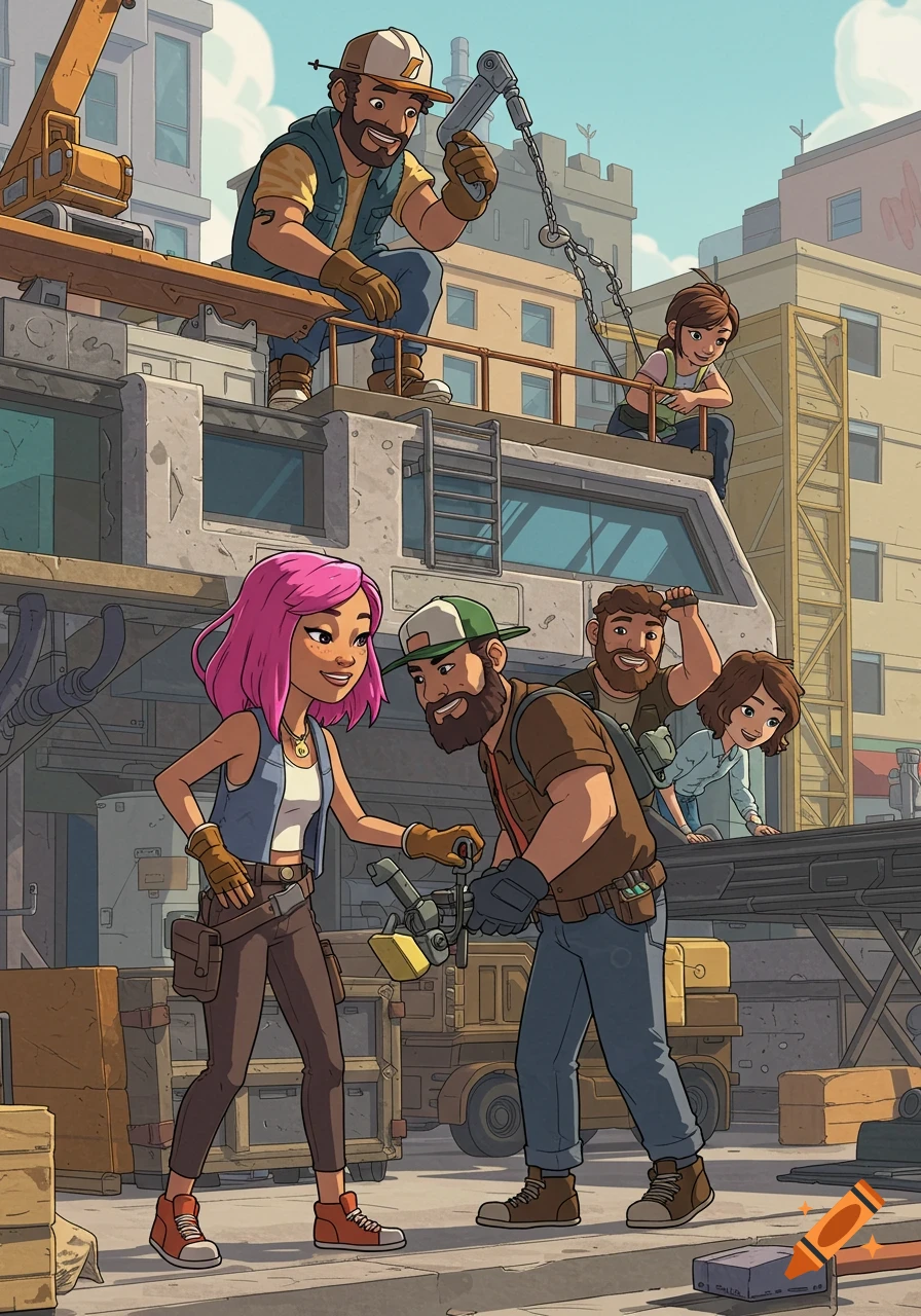 Animated people building a building on Craiyon