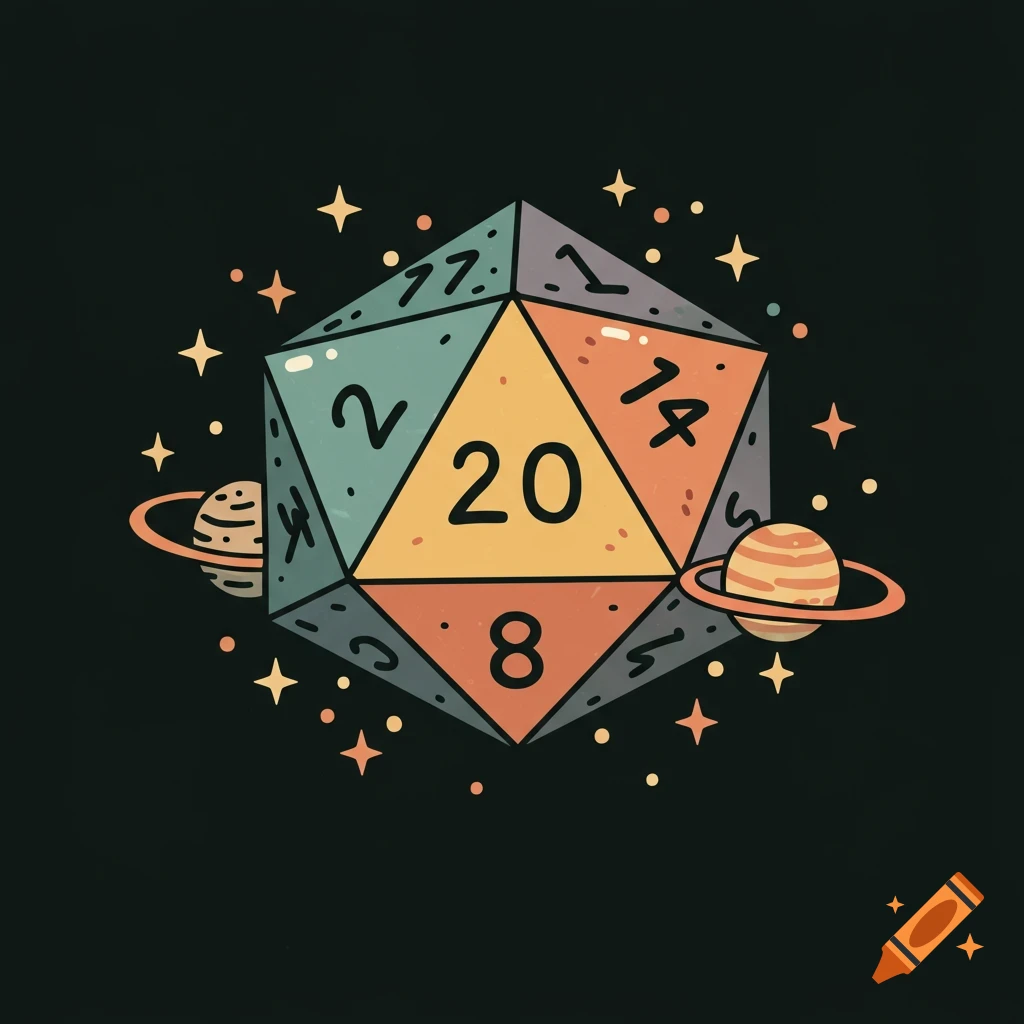 2D cartoon 20 sided dice with planet rings and stars on Craiyon