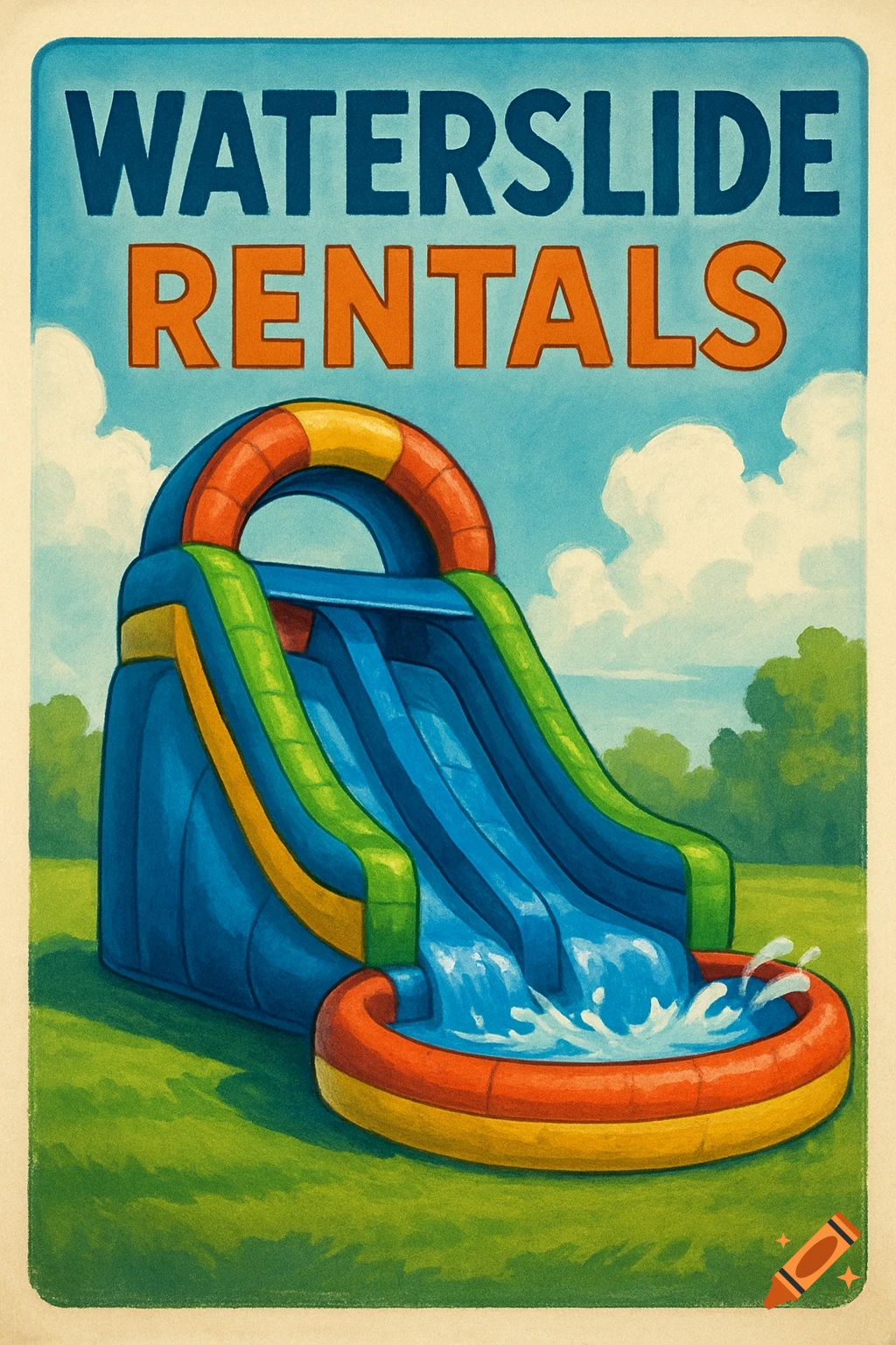 A colorful inflatable waterslide with 'WATERSLIDE RENTALS' text on Craiyon