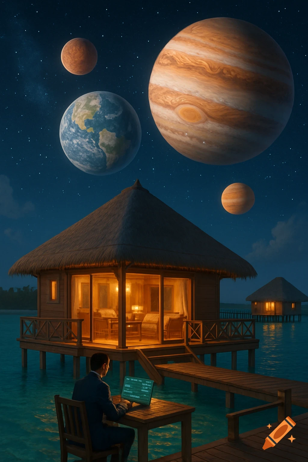 Wooden rocking chairs and tables float among moons and stars in cosmic space. on Craiyon