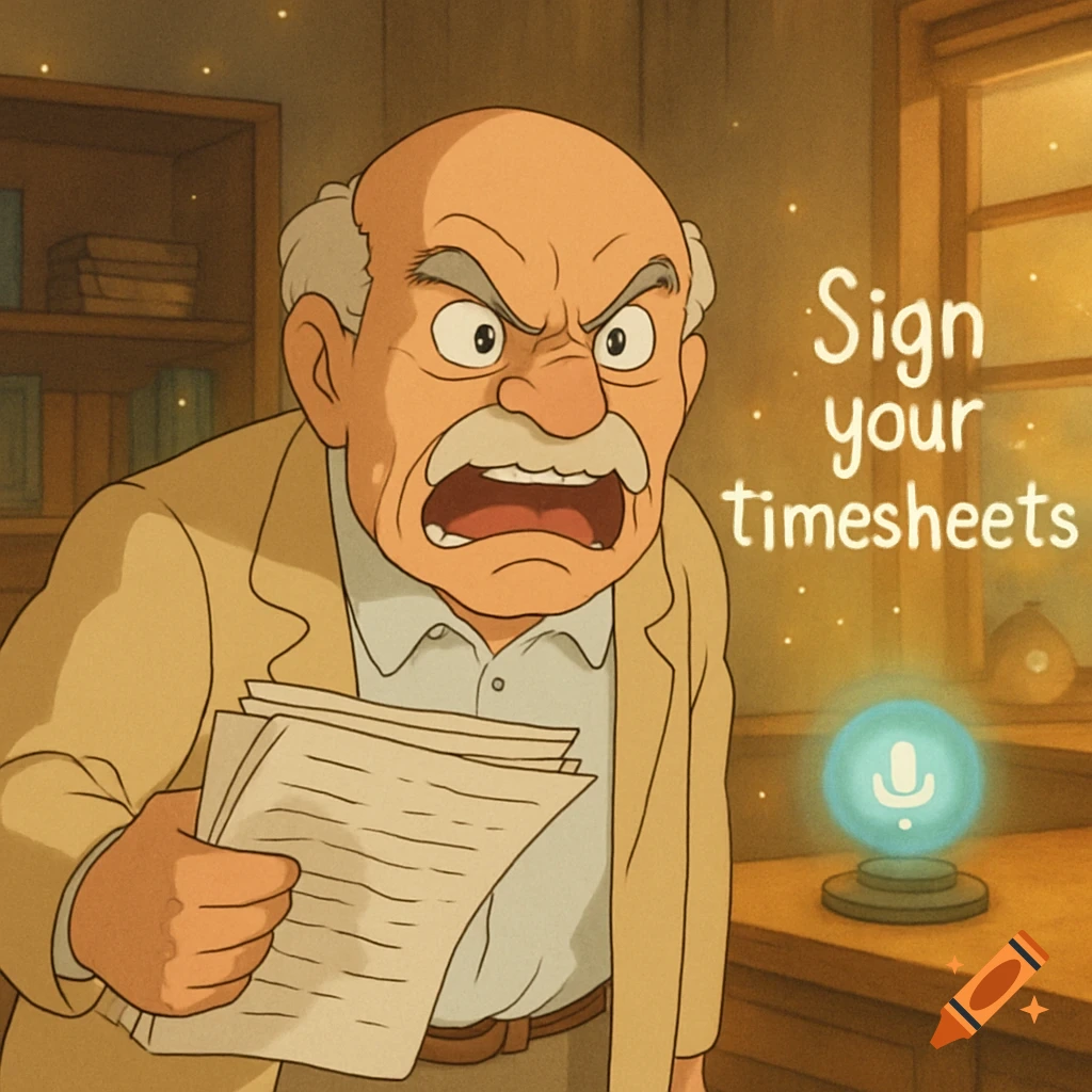 Studio Ghibli-style illustration of an angry old man in an office ...