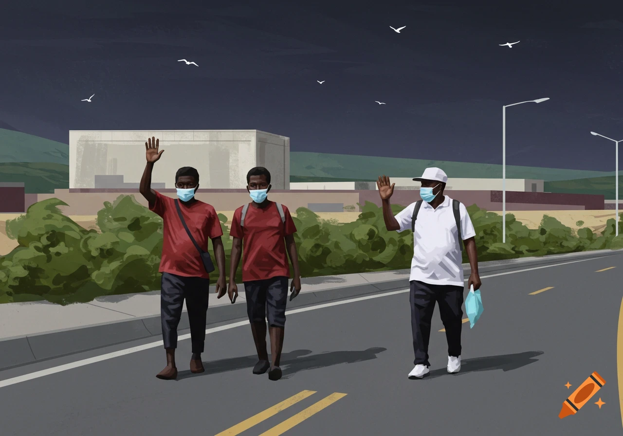 Three people in masks walk and wave on the side of a road. on Craiyon