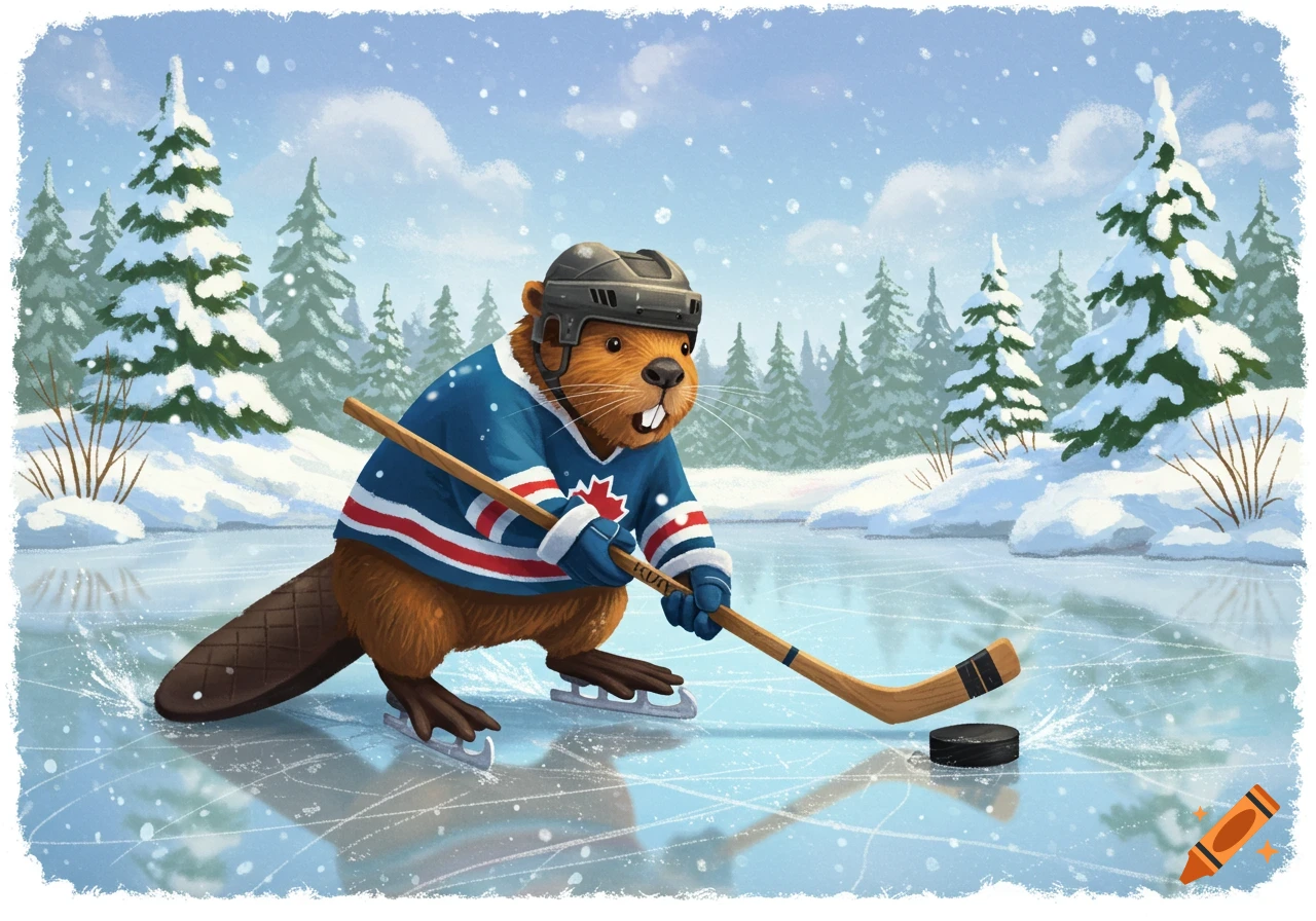 Illustration of a golden retriever dog goalie on an outdoor hockey rink ...