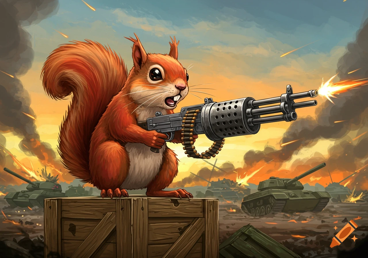 A squirrel holding a machine gun on a crate in a battlefield. on Craiyon