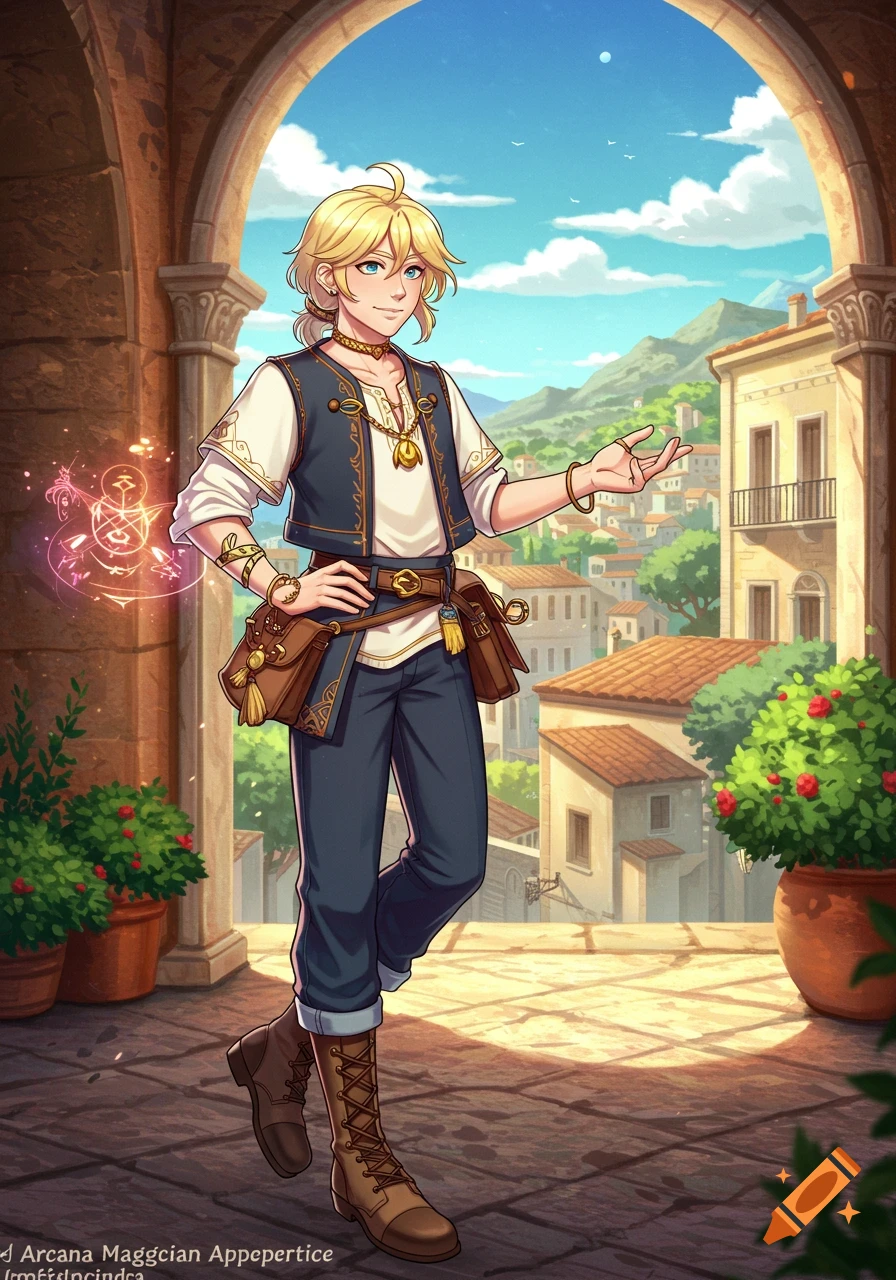 Anime character design sheet of a blonde magician apprentice in casual ...