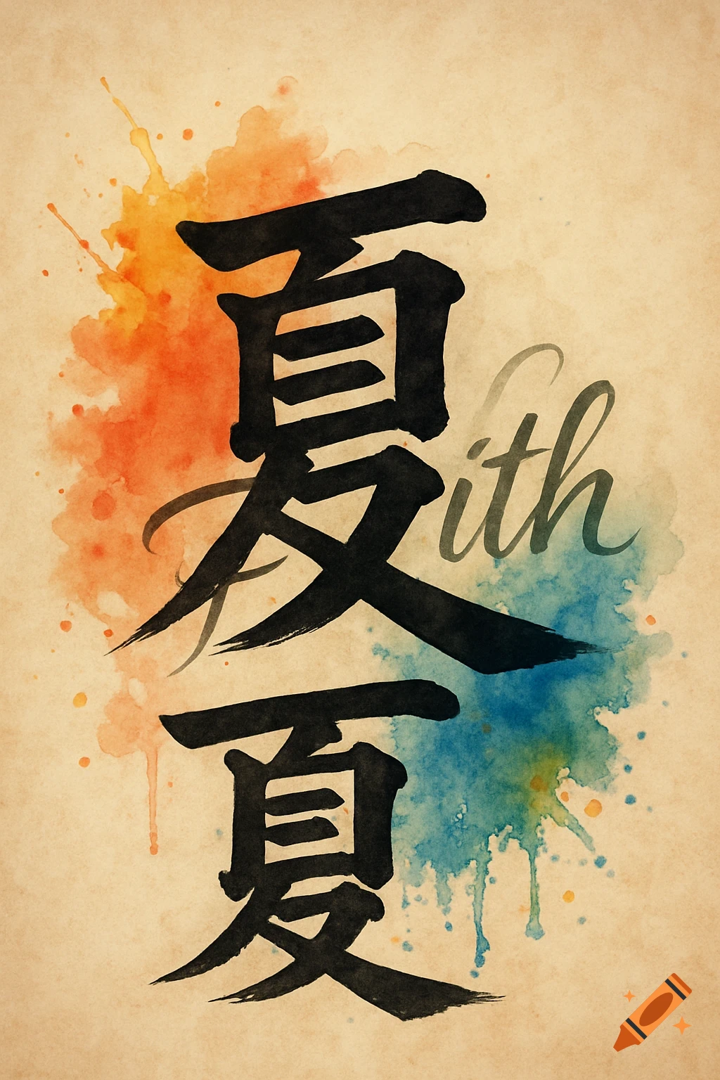 Chinese characters and cursive text with watercolor splashes on aged ...