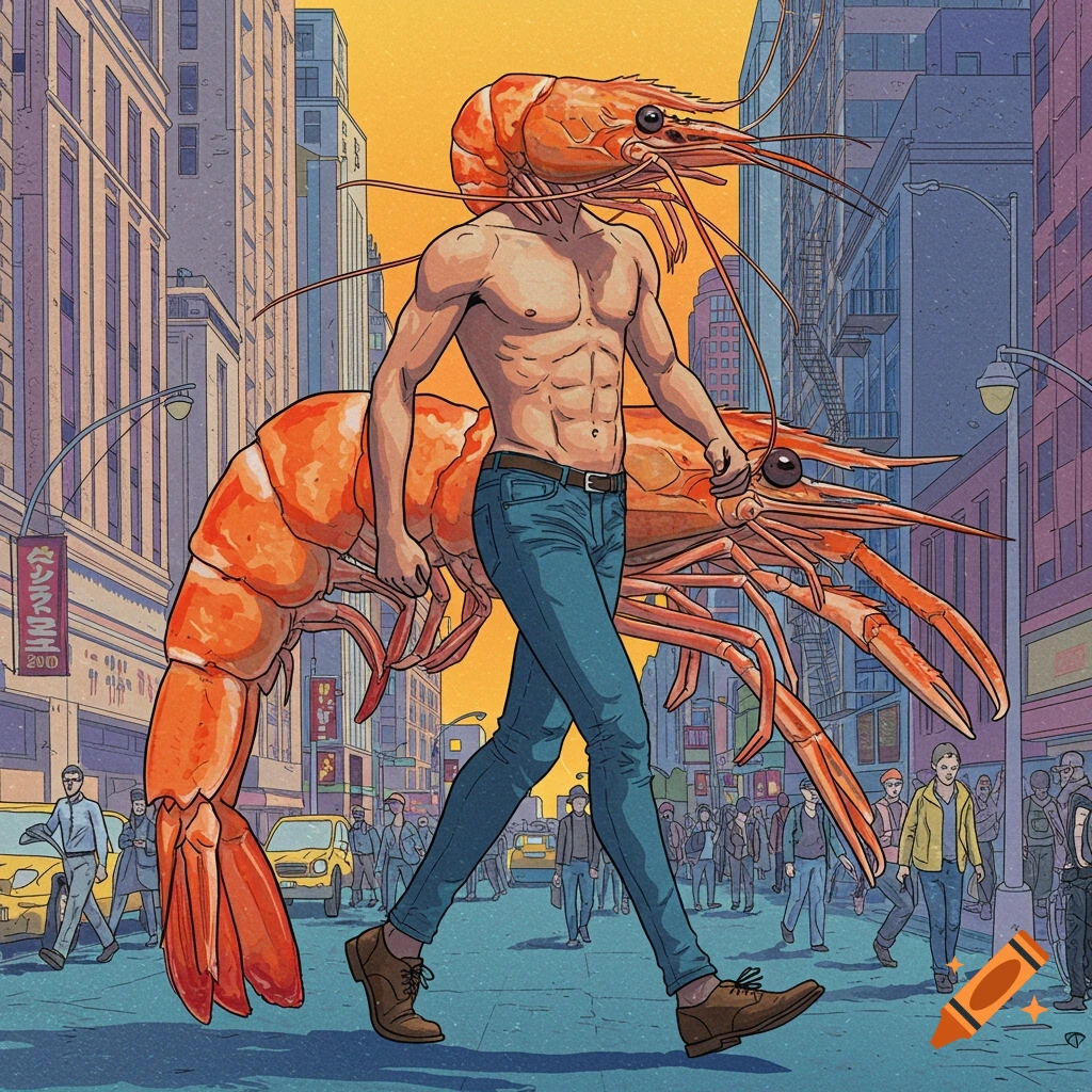 Digital illustration of a human with a shrimp head and tail walking ...