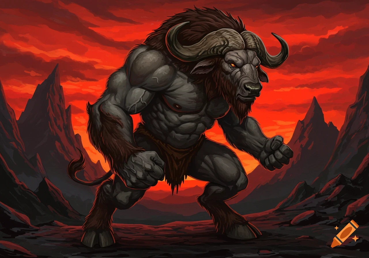 A muscular, buffalo-headed monster stands in a rocky landscape under a ...