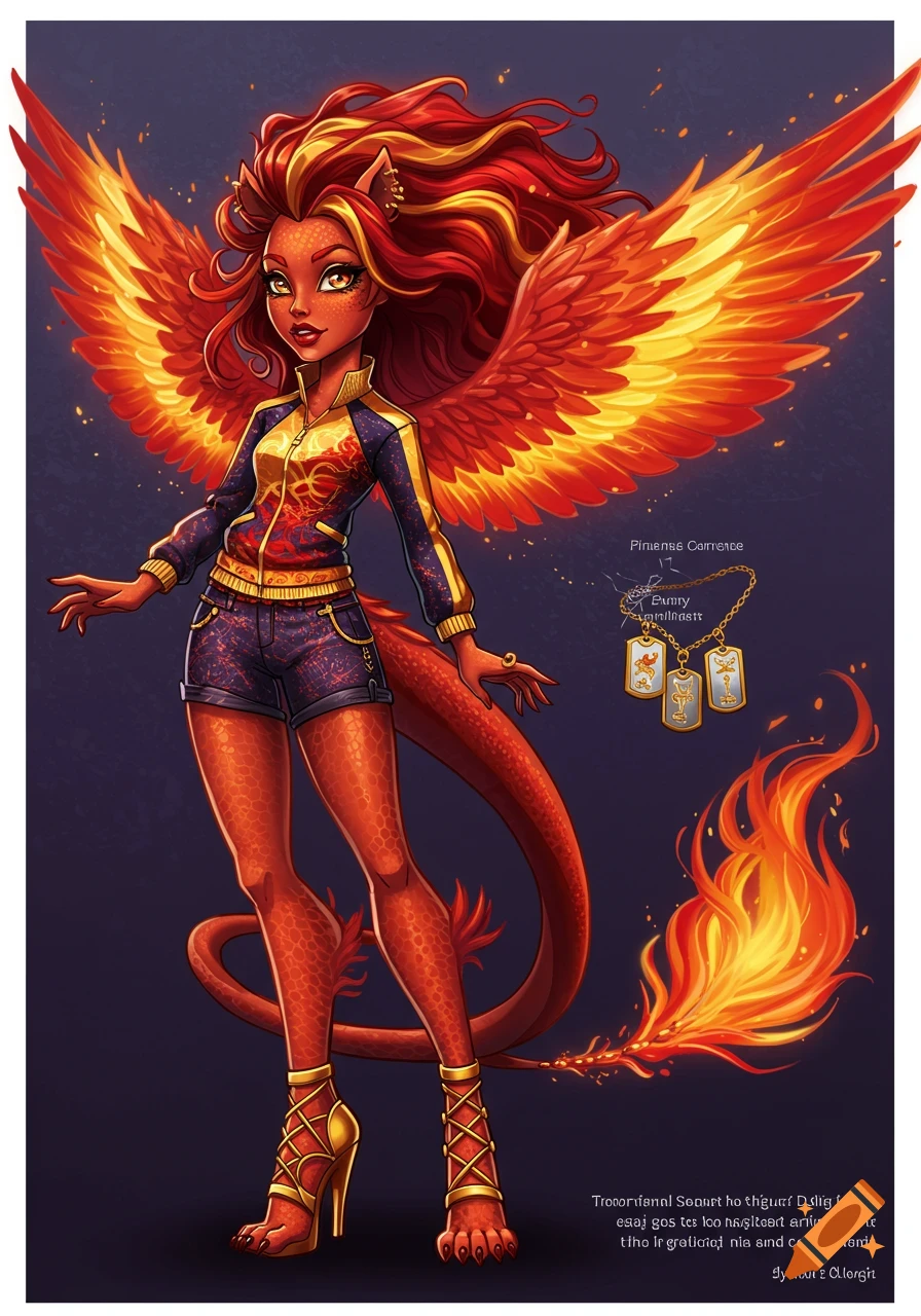Digital illustration of a fiery winged fantasy creature in a jacket and ...