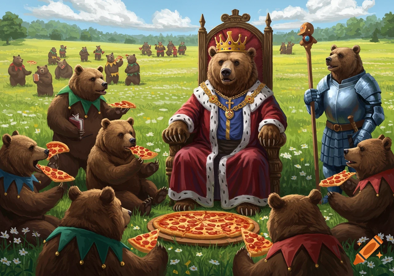Bear king on throne with pizza-eating bear congregation on Craiyon
