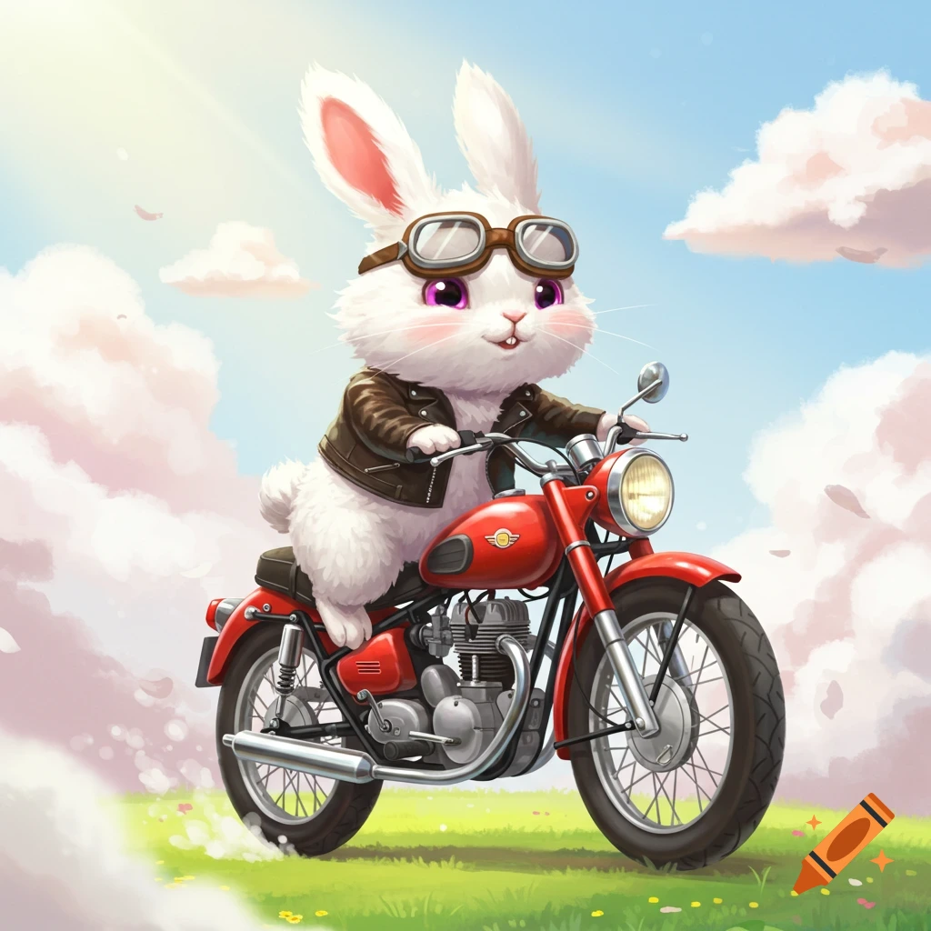 A cartoon goat wearing sunglasses and a jacket rides a motorcycle on a ...