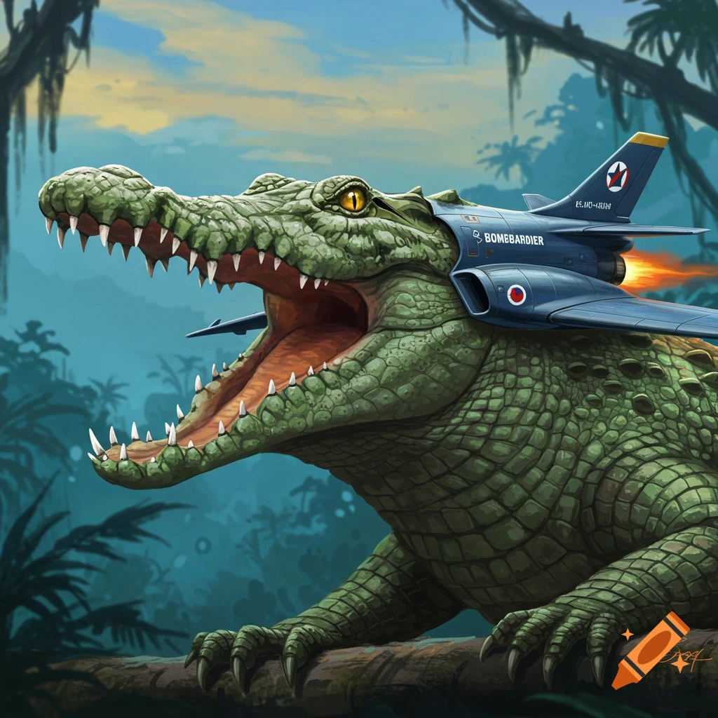 A giant green crocodile with a blue jet aircraft mounted on its back is ...