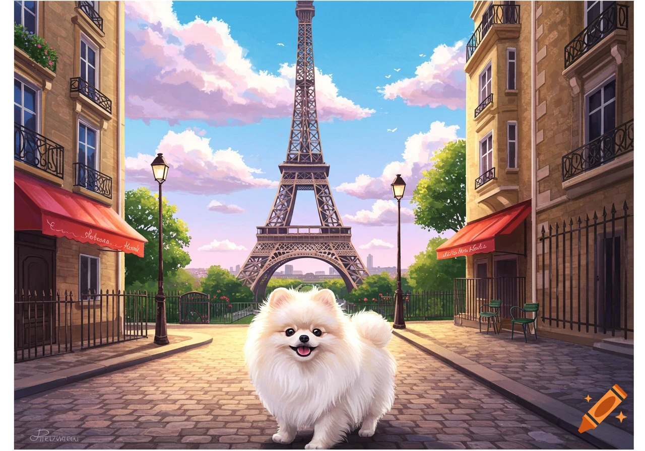 A white Pomeranian dog stands on a cobblestone street in Paris, with ...