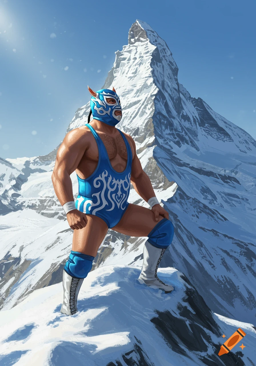 Masked wrestler posing heroically on a mountain on Craiyon