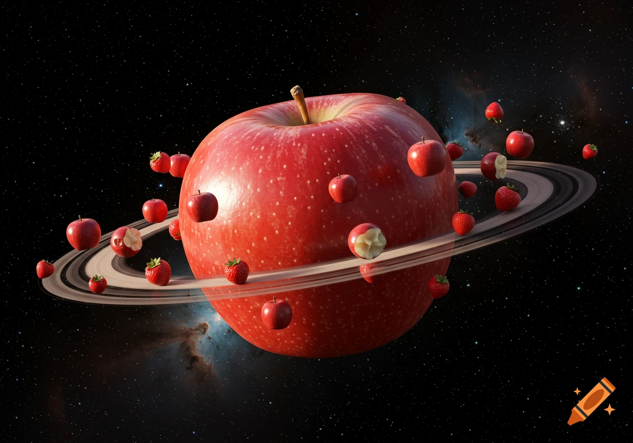 An apple planet with rings containing strawberries and apples in space ...