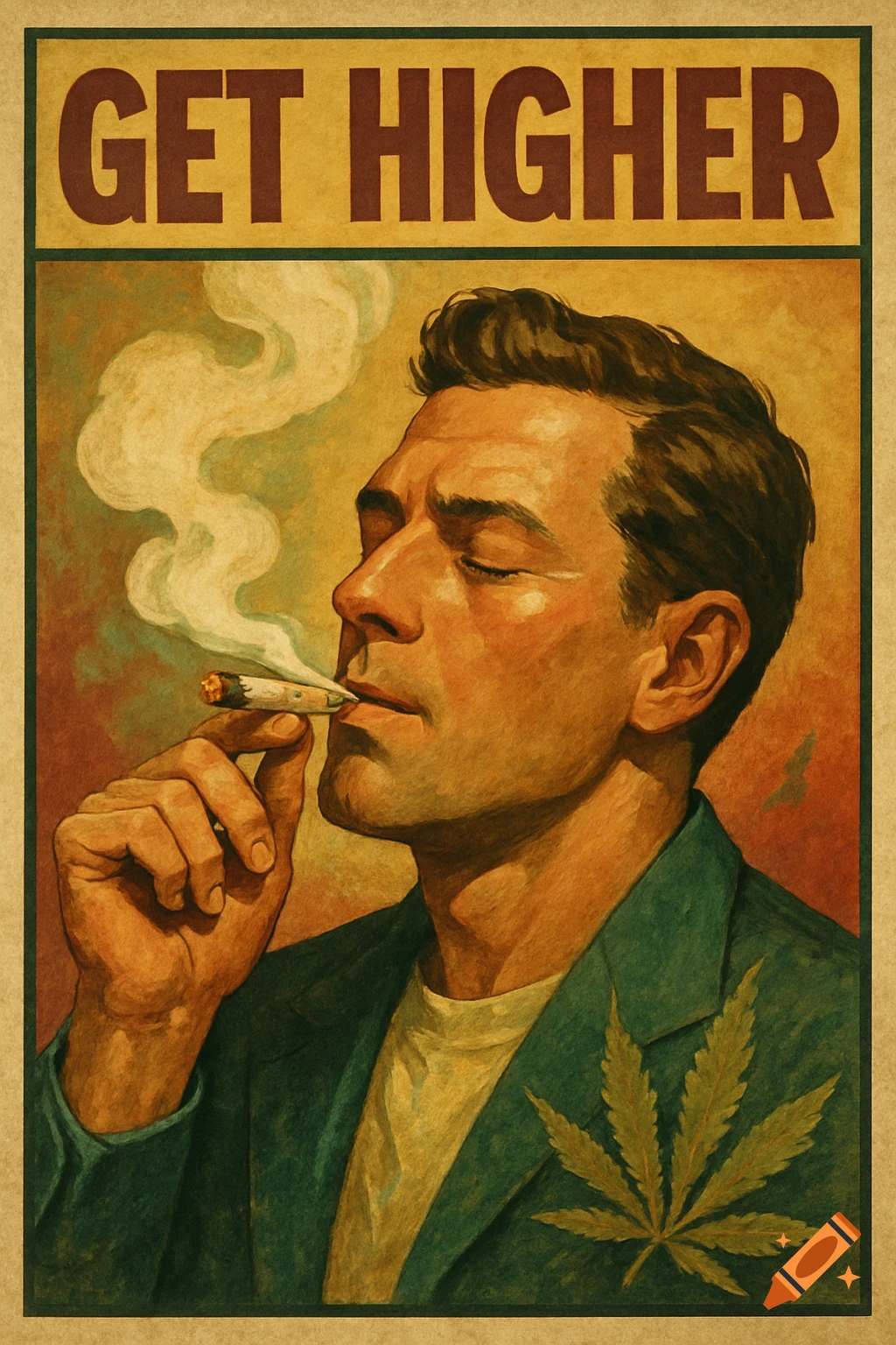 Retro style poster of a man smoking marijuana with text 'GET HIGHER' on ...