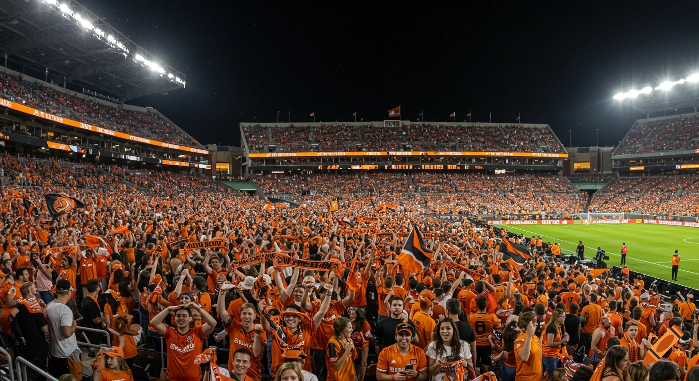 A large crowd of fans wearing orange fill a sports stadium at night. on ...