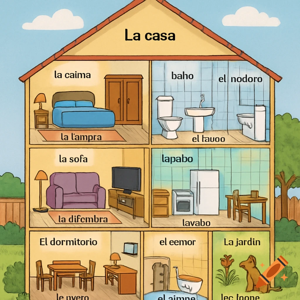 Colorful house with Spanish labels for furniture on Craiyon