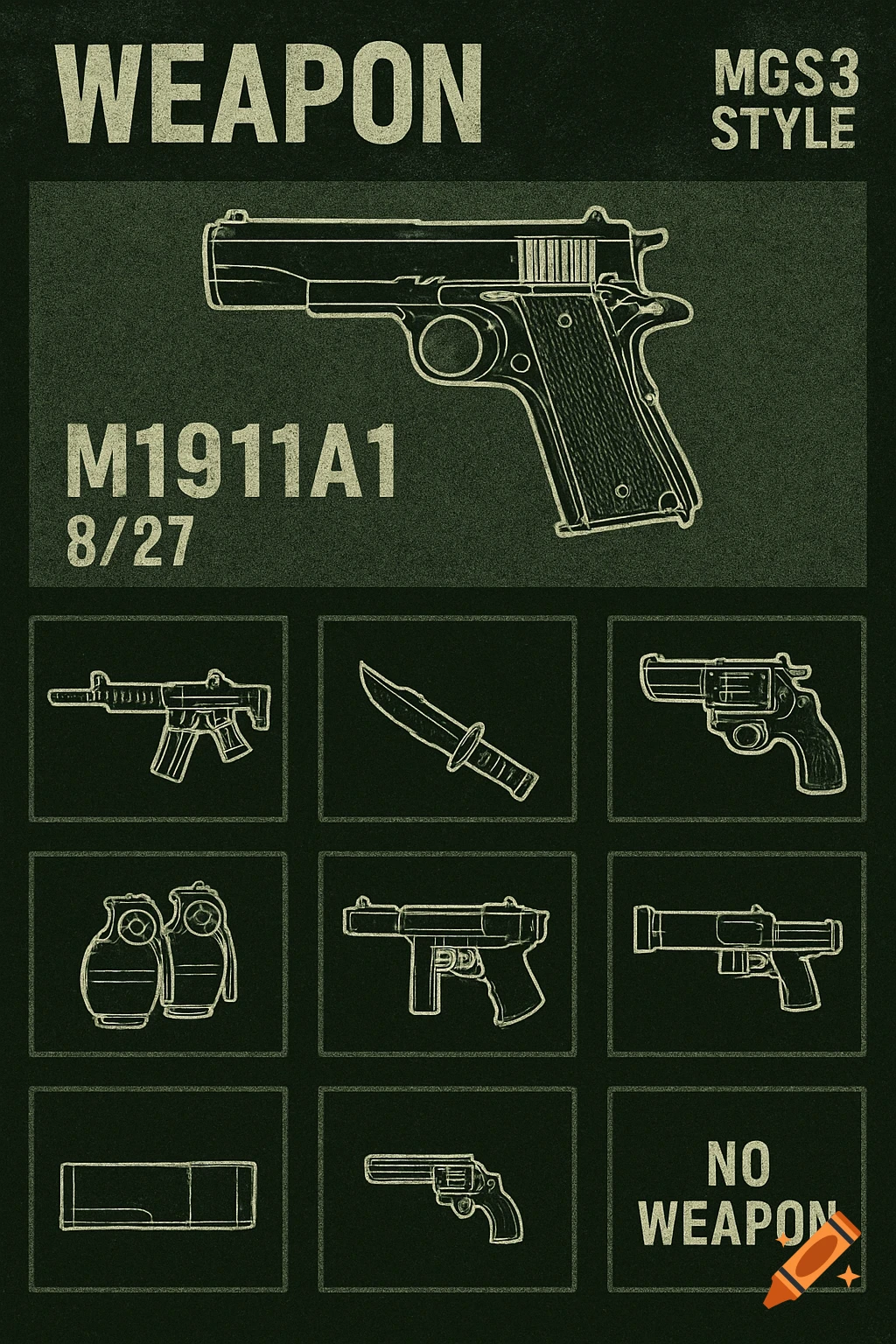 Metal Gear Solid 3 weapon HUD menu on Craiyon