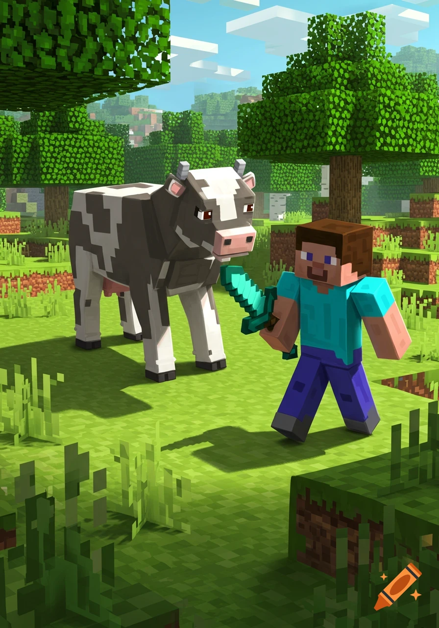 Cow fighting Steve in Minecraft on Craiyon