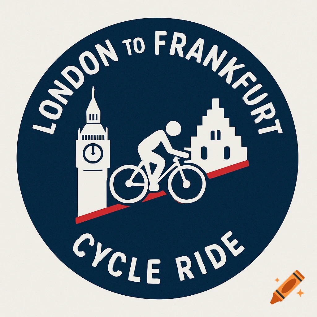Logo for London to Frankfurt cycle ride with cyclist, Big Ben, and city ...