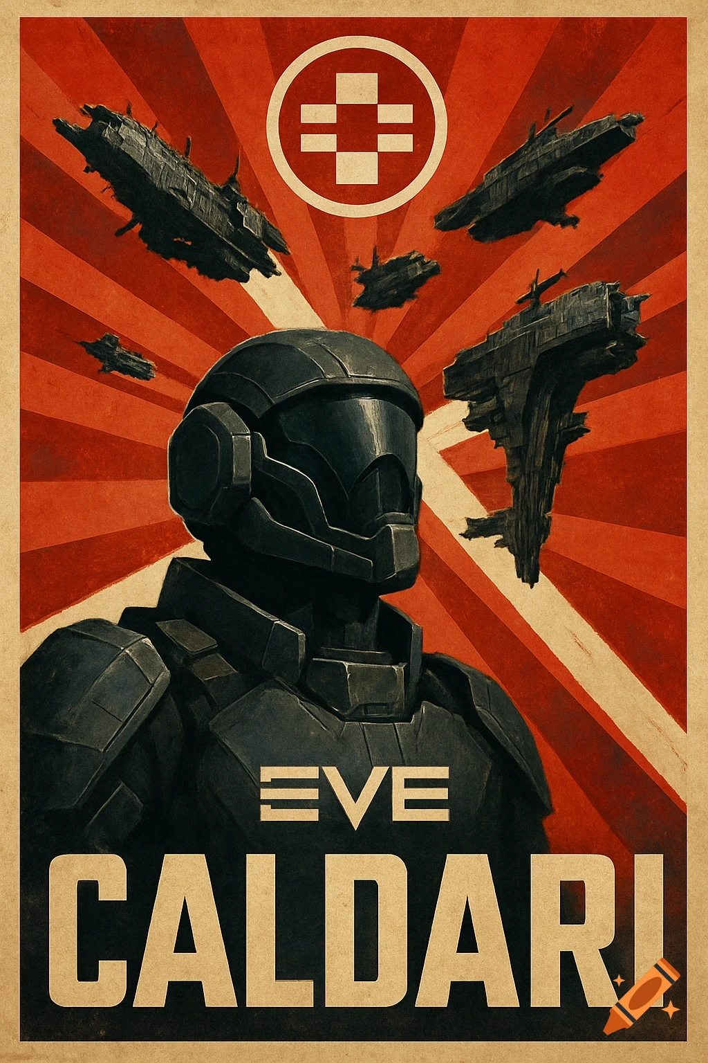 Sci-fi propaganda poster featuring a soldier, spaceships, and EVE ...