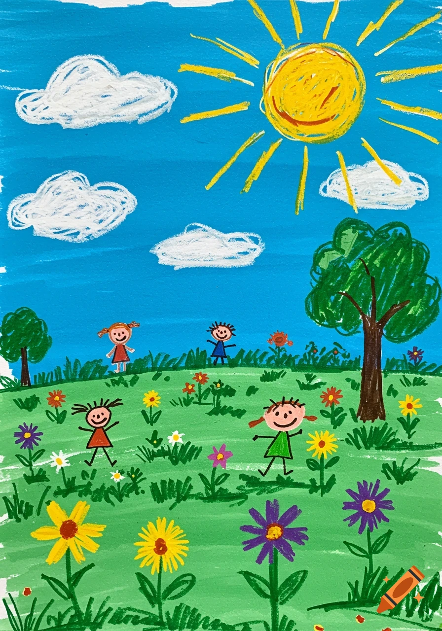 Childlike crayon drawing of three figures representing thought, word ...