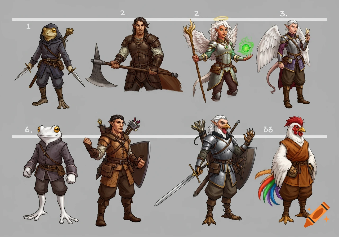 D&D group portrait featuring a frog rogue, centaur fighter, angelic ...