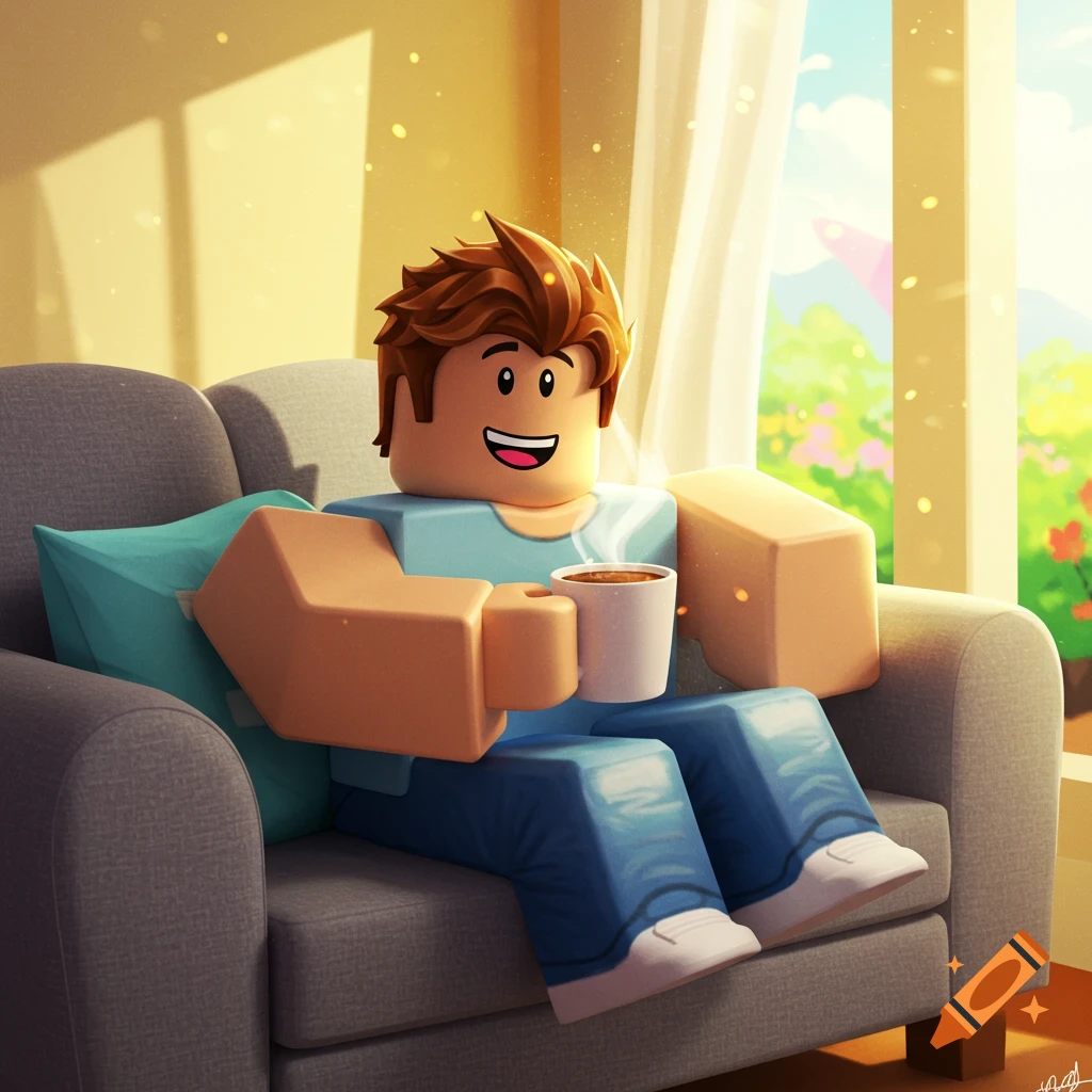 A cartoon Roblox character holds a large paintbrush covered in colorful ...