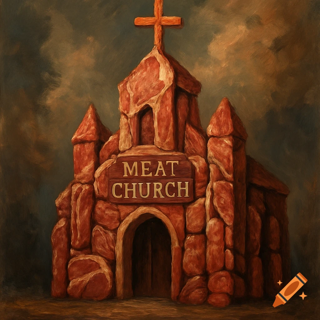 A church made of meat with a 'MEAT CHURCH' sign. on Craiyon
