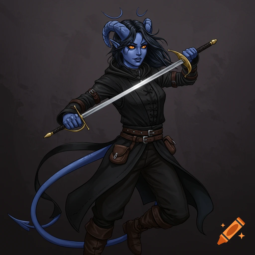Blue-skinned tiefling with rapier illustration on Craiyon