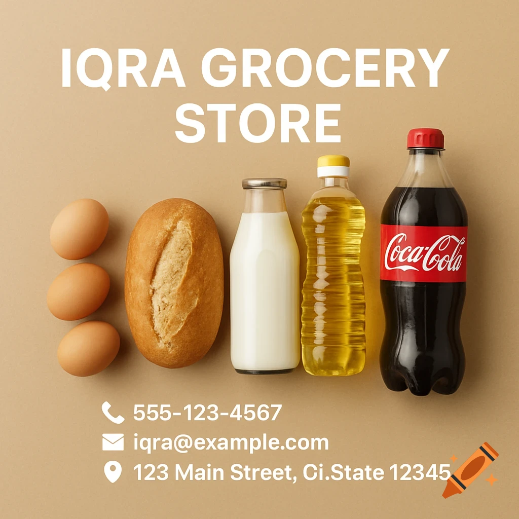 Business card for Iqra Grocery store with egg, bread, milk, oil, and ...