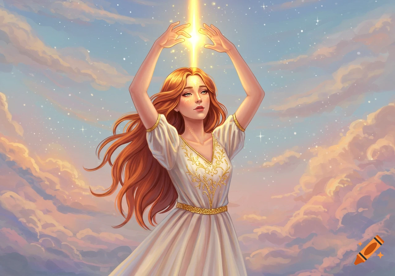 Ethereal girl in flowing dress with light beam between hands on Craiyon