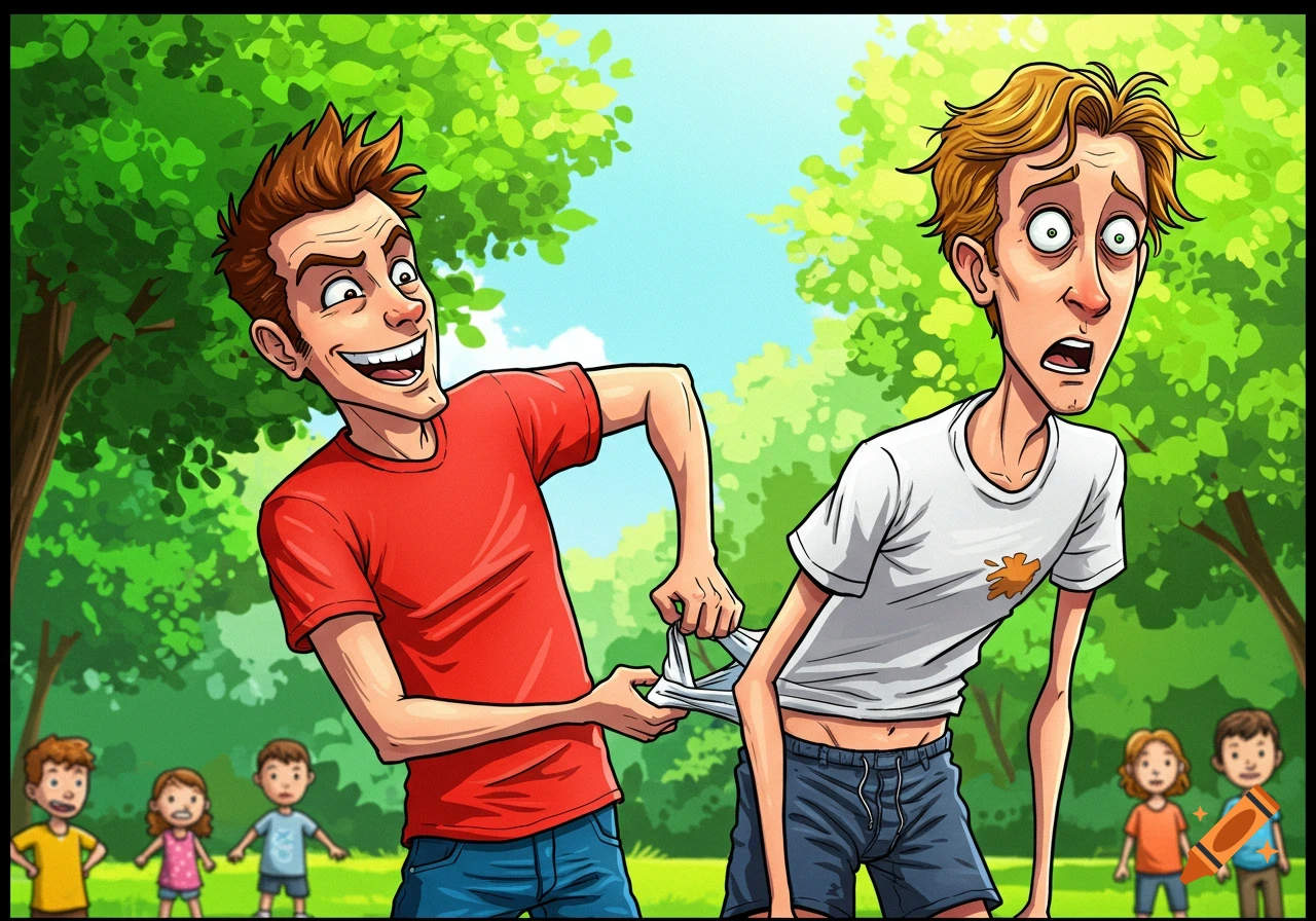 Cartoon of a man giving another man a wedgie in a park with children watching. on Craiyon