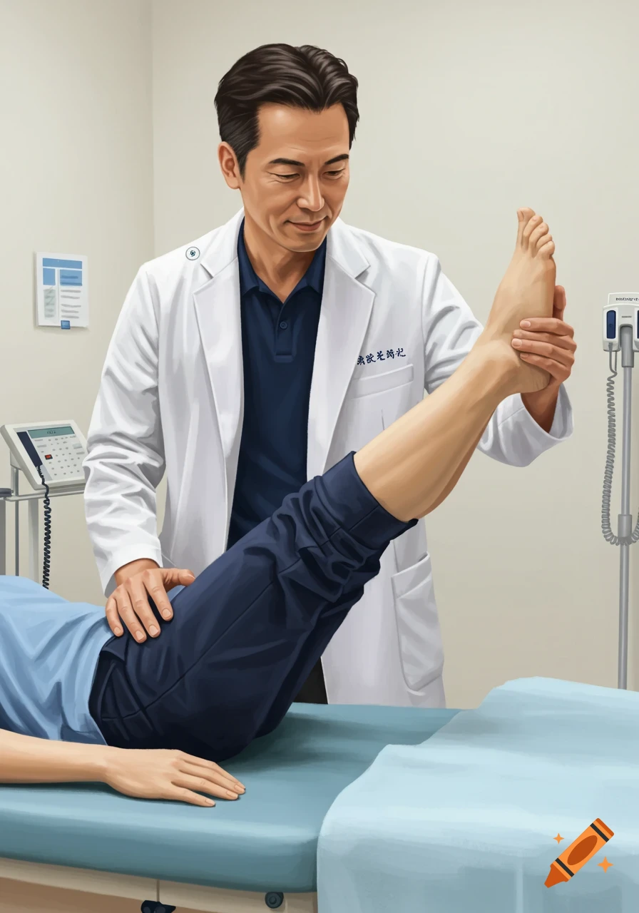 A doctor performs a straight leg raise test on a patient on an ...