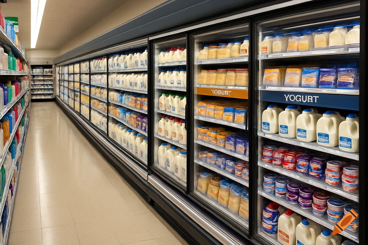 Supermarket aisle with dairy section, milk, cheese, and yogurt on Craiyon